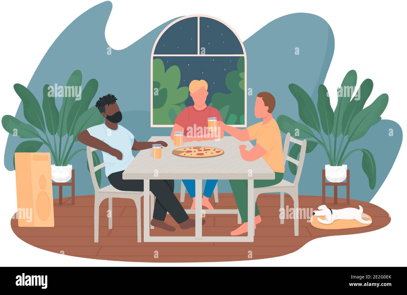 Man eat pizza on weekend night 2D vector web banner, poster Stock ...