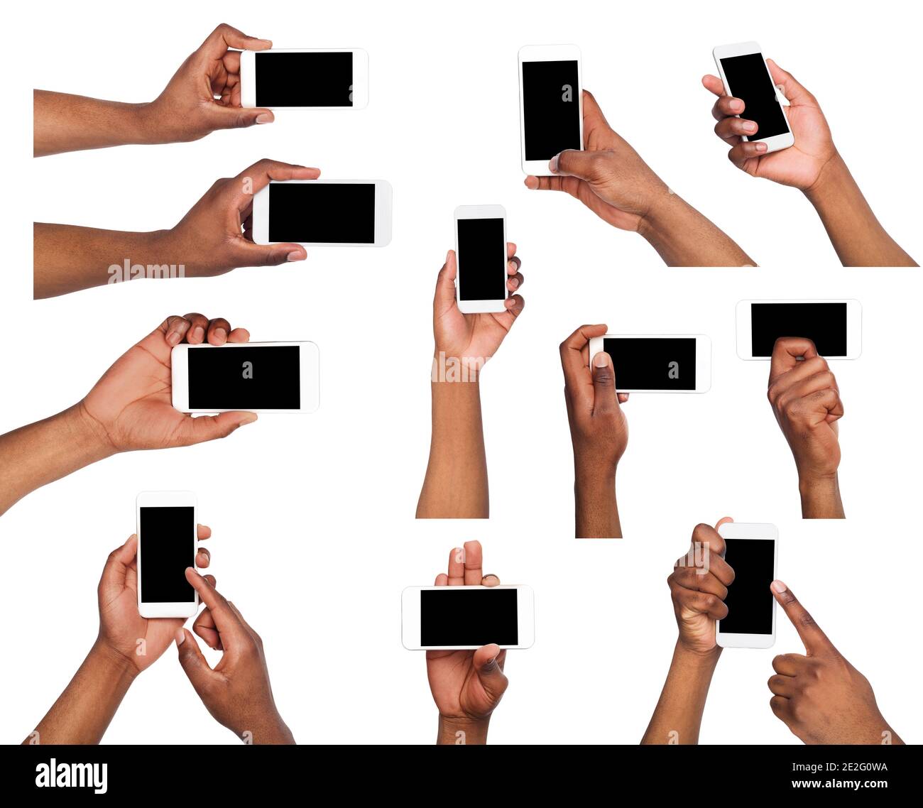 Set of black male hand touching mobile phone display and pointing with ...