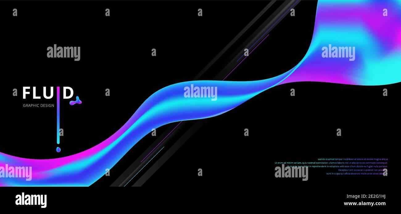 Abstract fluid gradient shape flowing on black background with space ...