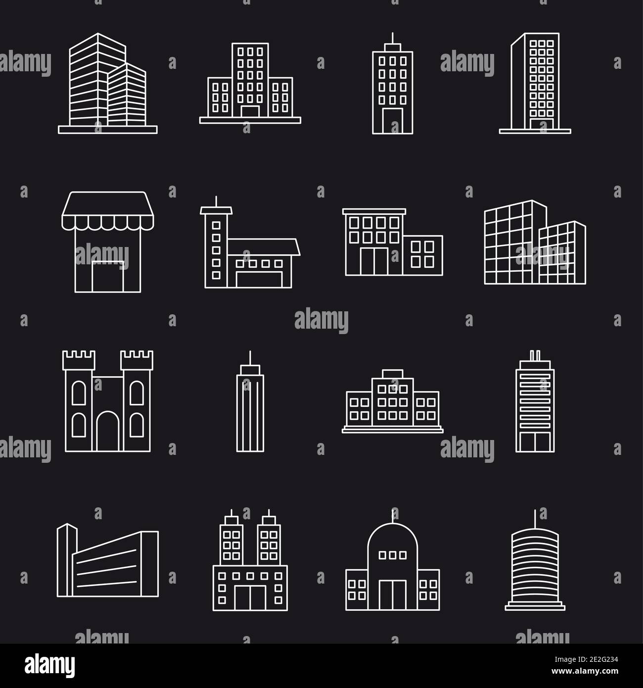 city urban buildings icon set over black background, line style, vector ...