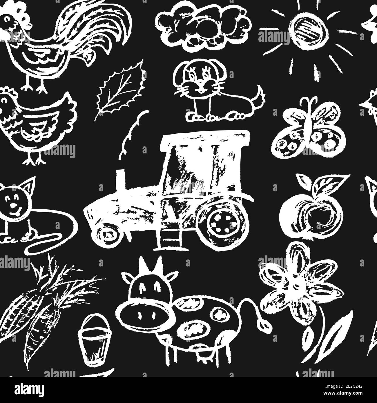 Seamless children's drawing. Black and white. Icons, signs, symbols ...