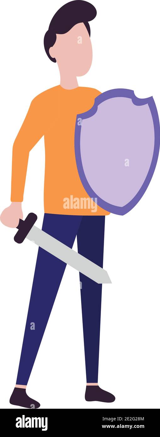 man protecting himself from covid with a shield and sword over white ...