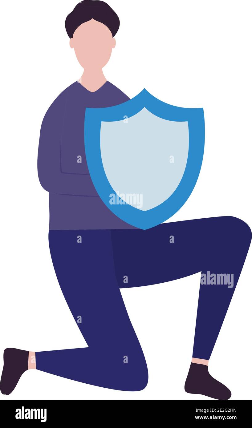 cartoon man protecting himself with a shield over white background ...