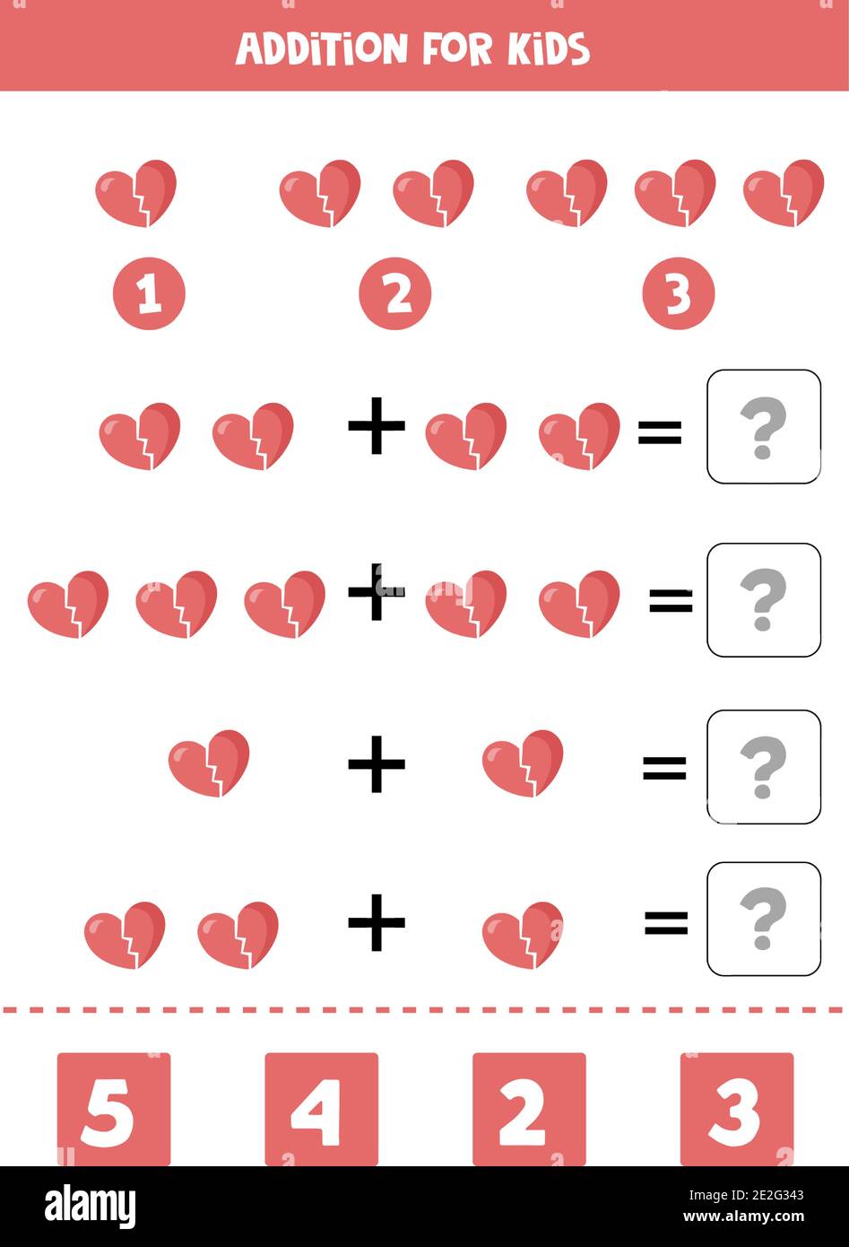 Addition with broken valentine heart. Educational math game for kids ...