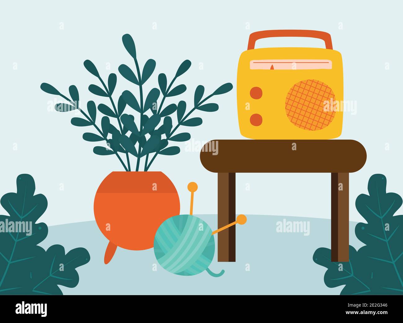 home plant inside pot yarn ball and radio on table design, room and ...
