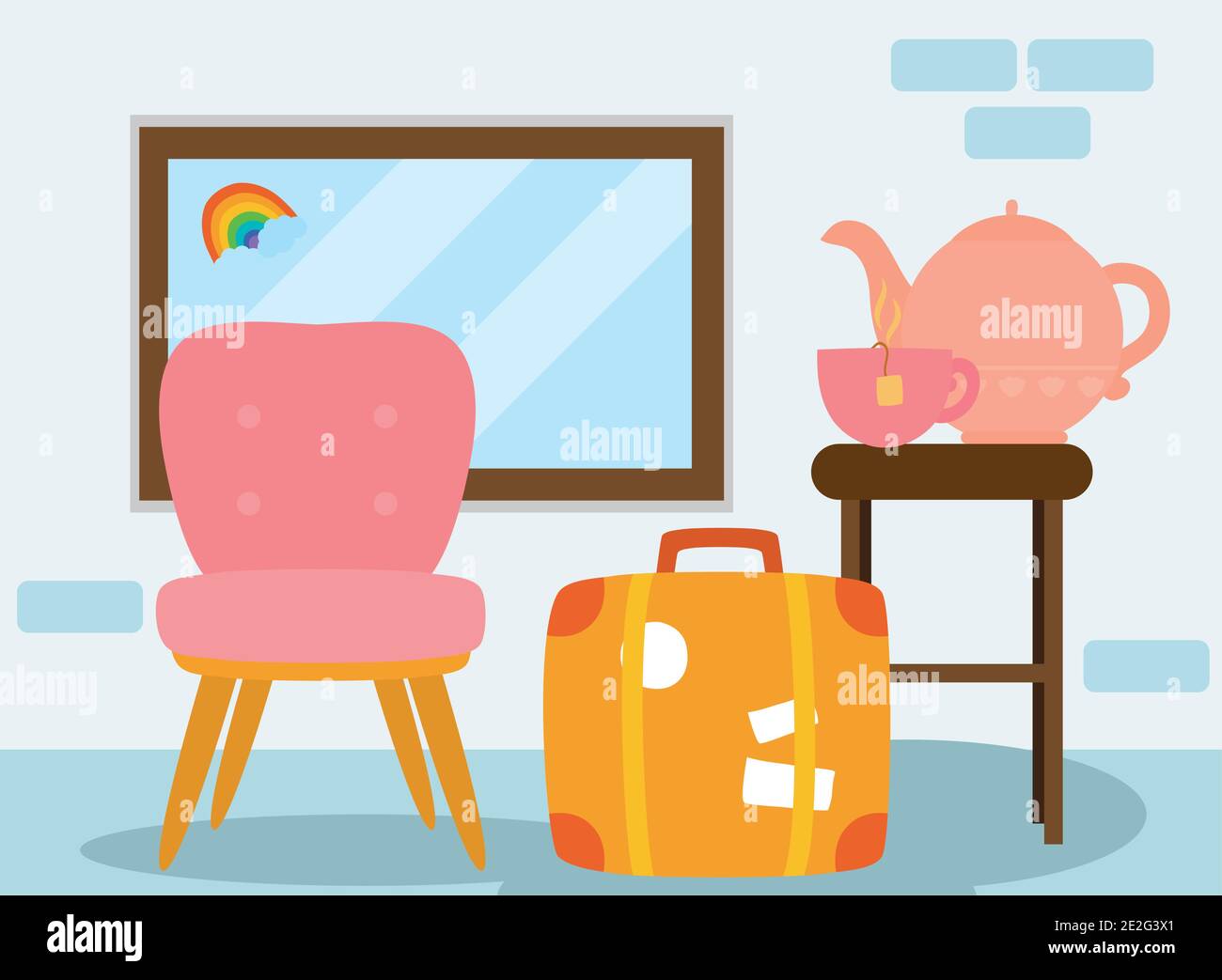 home chair bag tea cup and teapot on table design, room and decoration ...