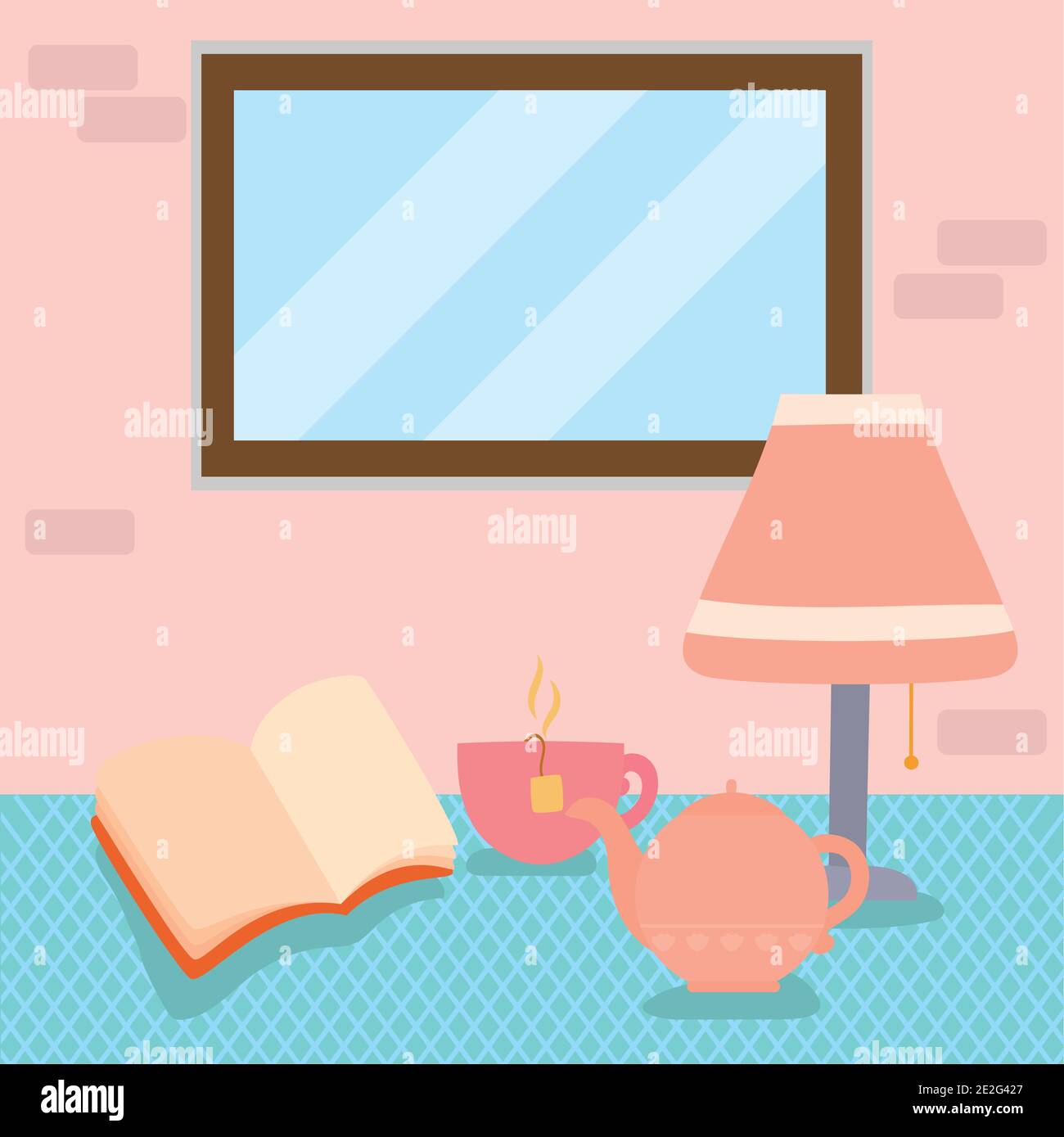 home lamp tea cup teapot and book on table design, room and decoration ...
