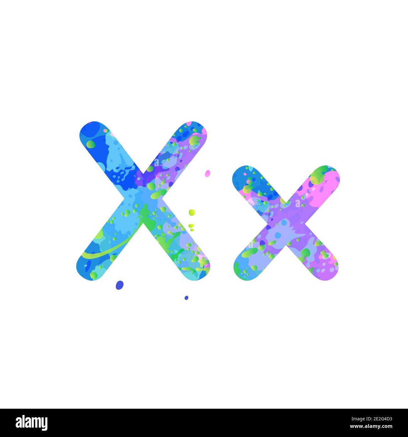 Letters X uppercase and lowercase with effect of liquid spots of paint ...