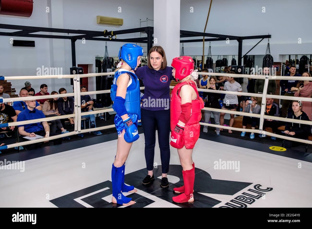 Moscow. Russia. September 13, 2020. Two girls in boxing uniforms fight ...