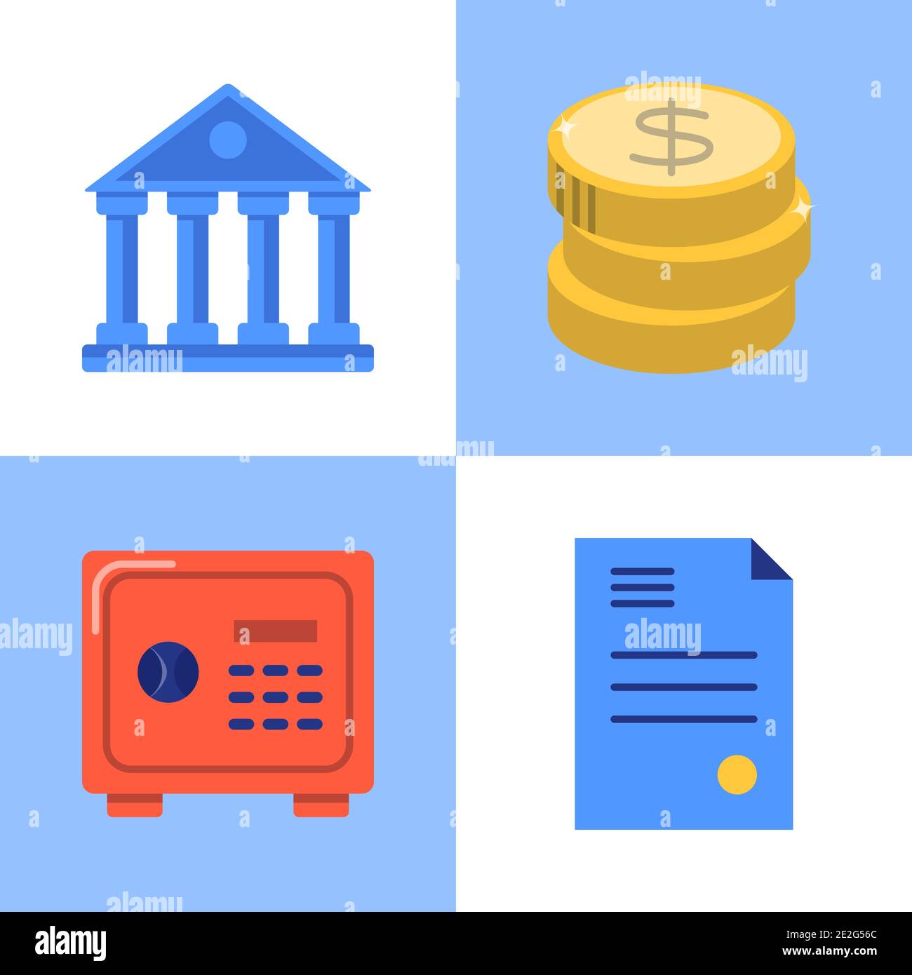 Banking and money icon set in flat style. Bank building, coin stack ...