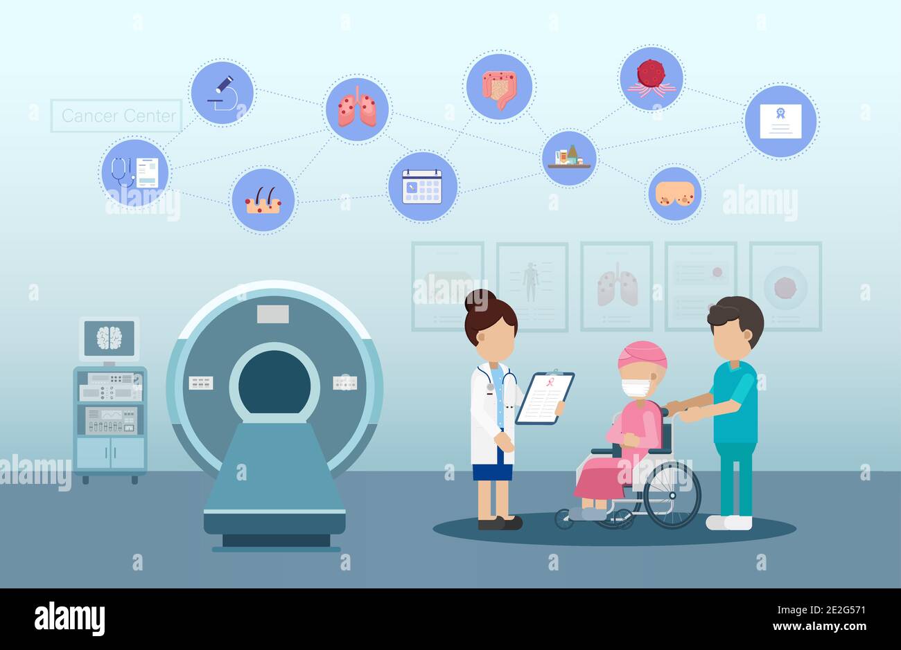Doctor with cancer patient and icons flat design vector illustration ...