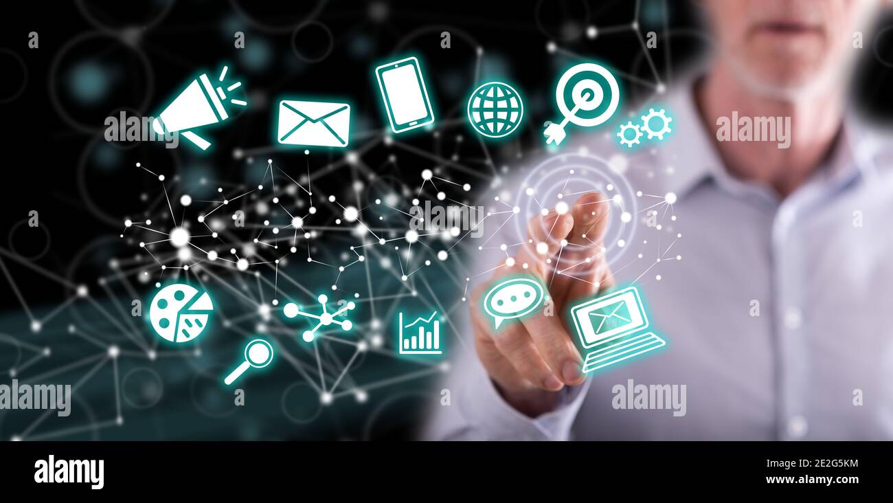 Man touching a digital marketing concept on a touch screen with his ...