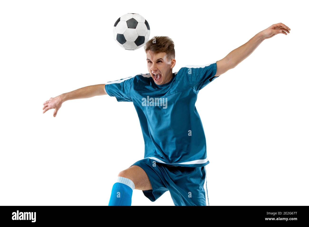 Kick. Funny emotions of professional soccer player isolated on white ...