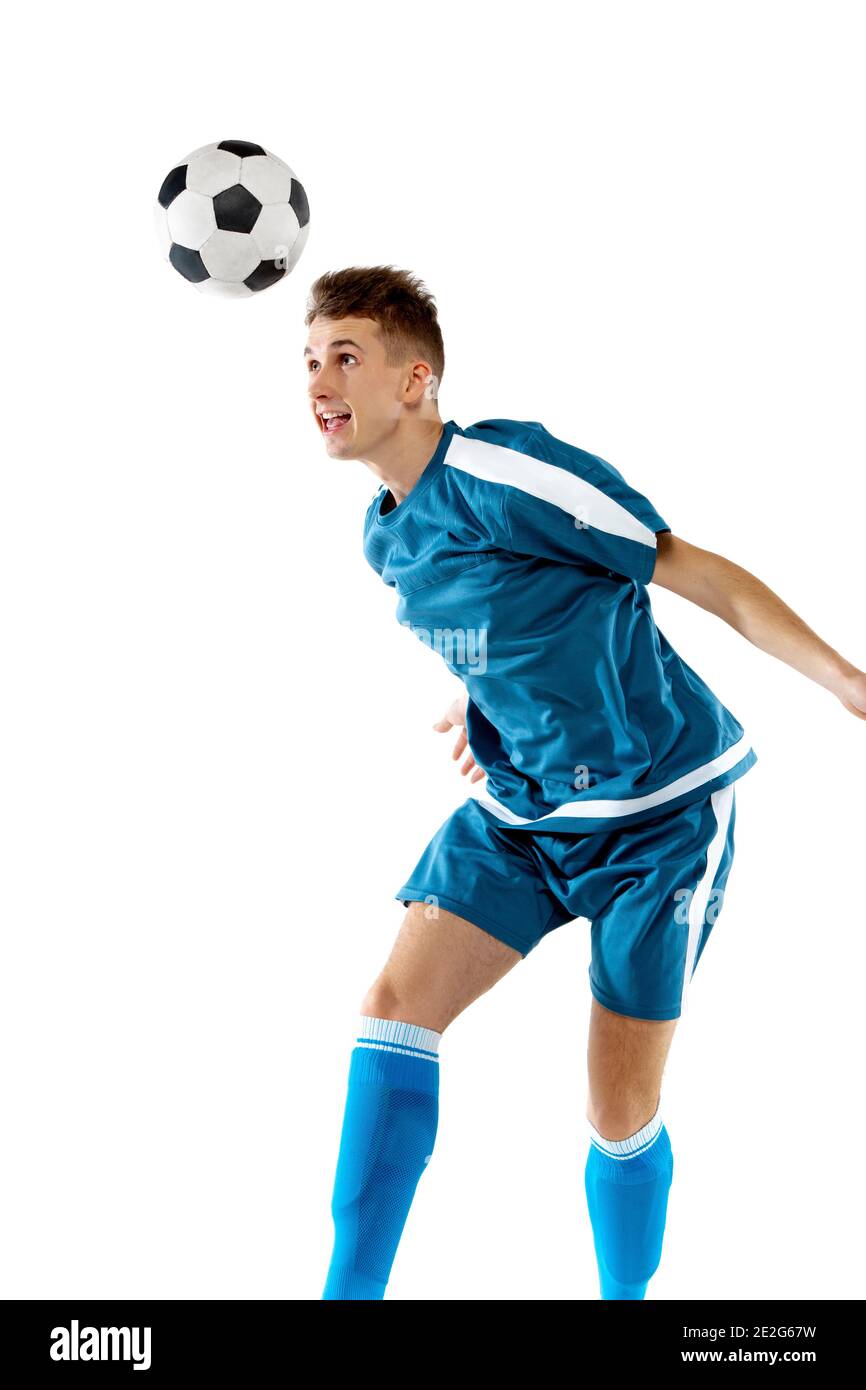 Kick. Funny emotions of professional soccer player isolated on white ...