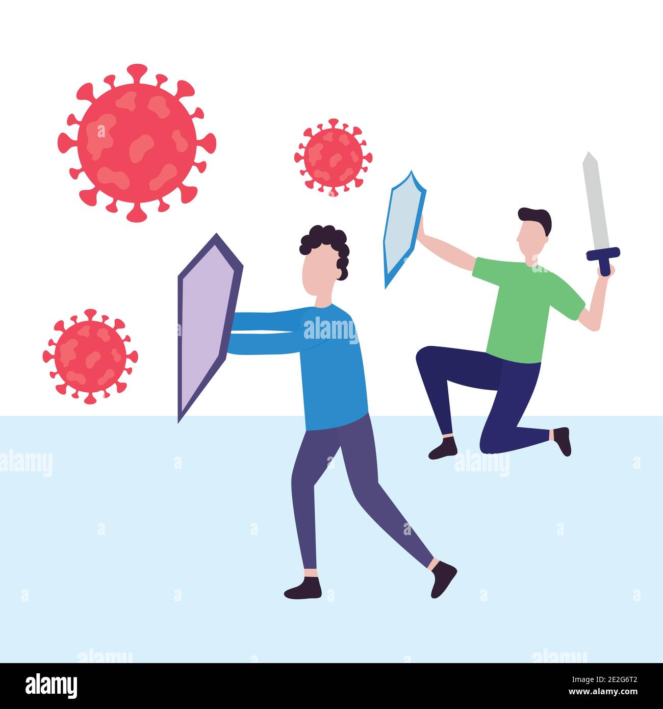 cartoon men protecting themselves from covid with shields and swords ...