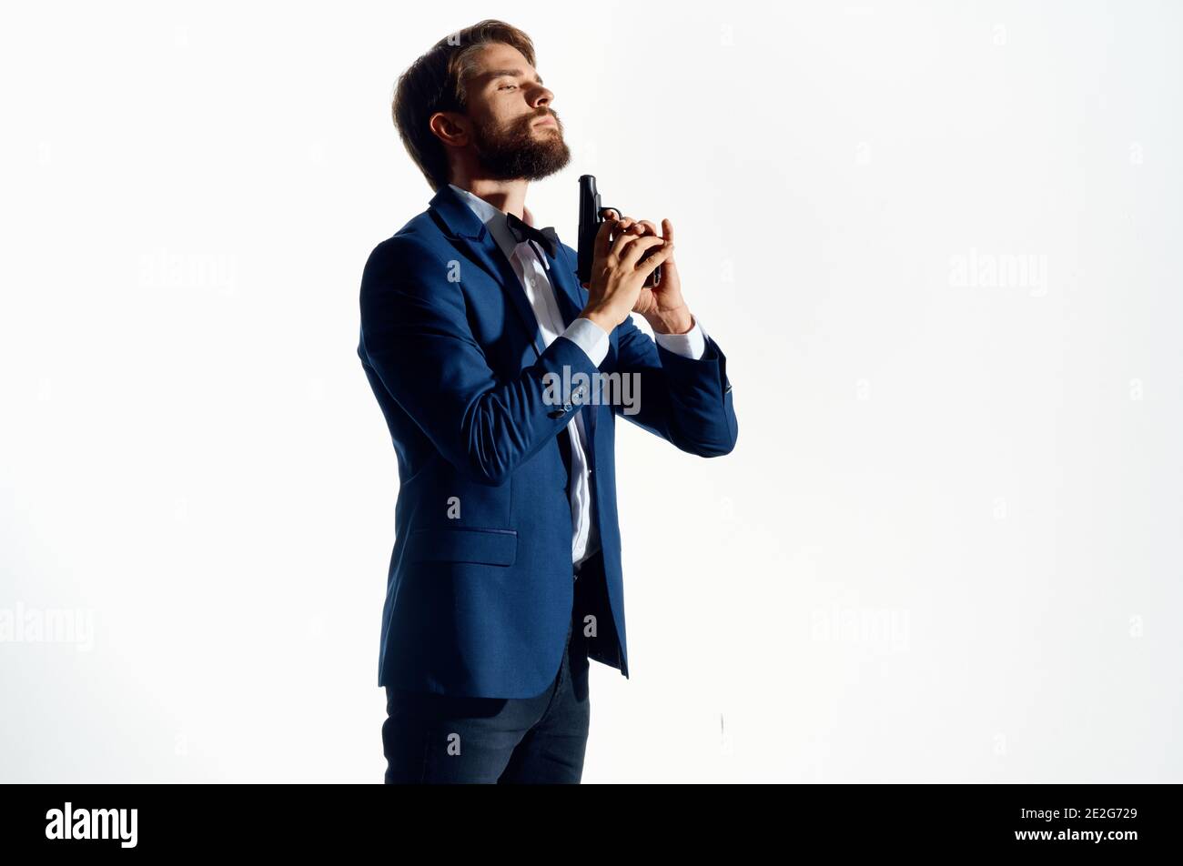 man in suit holding pistol lost his head suicide isolated background ...