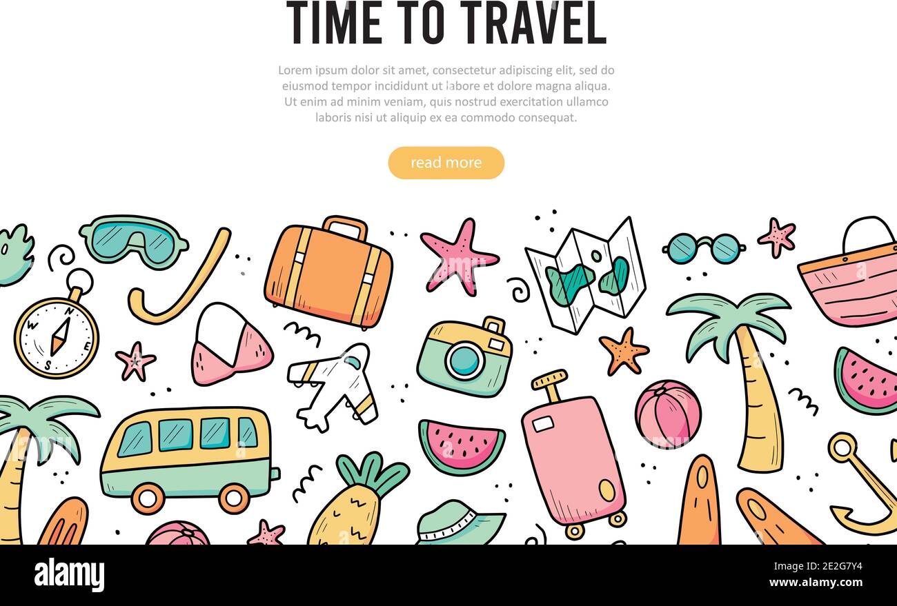 Hand drawn banner of travel summer vacation elements, luggage, map ...