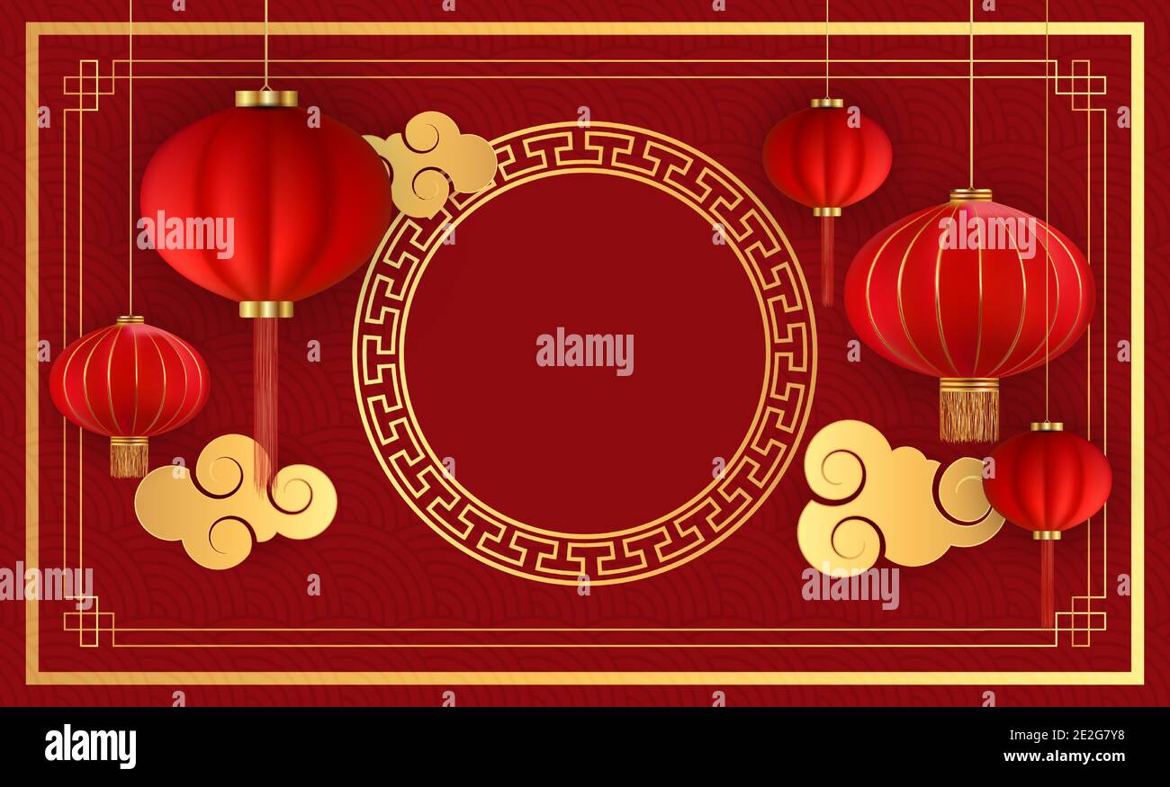 Abstract Chinese Holiday Background with hanging lanterns and gold ...