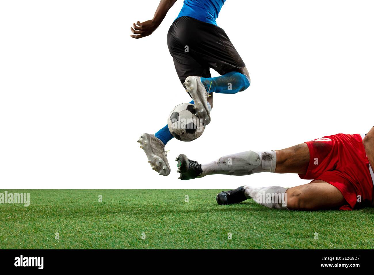 Close up legs of professional soccer, football players fighting for ...