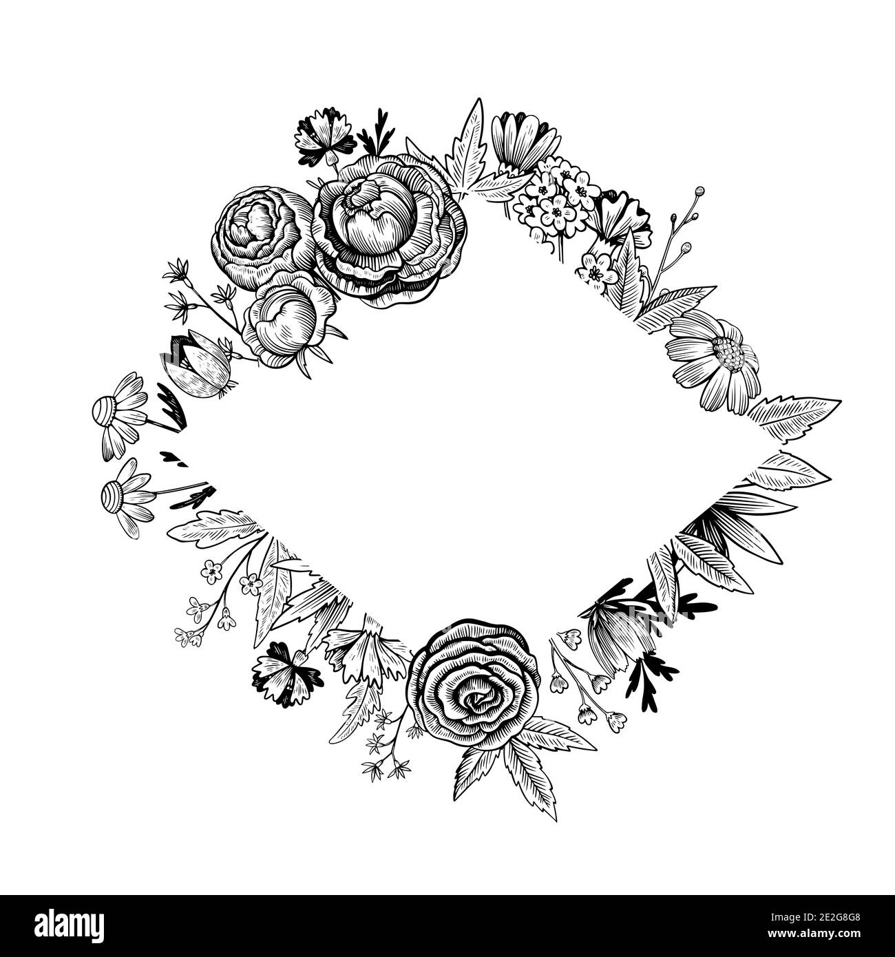 Cute rhombus vintage floral frame. Hand drawn illustration in engraving ...