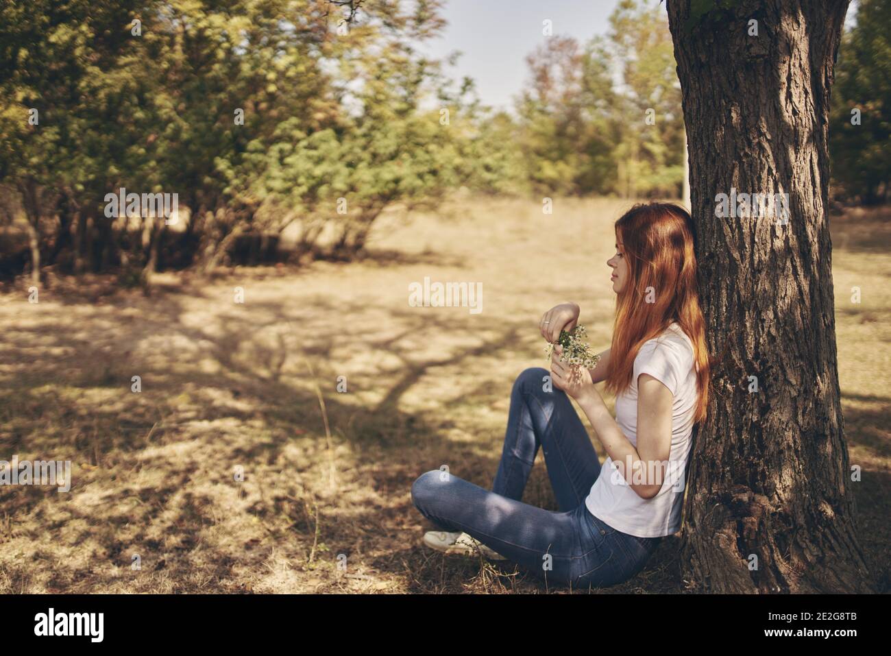 the traveler sits near a tree outdoors in the forest in jeans and a t ...