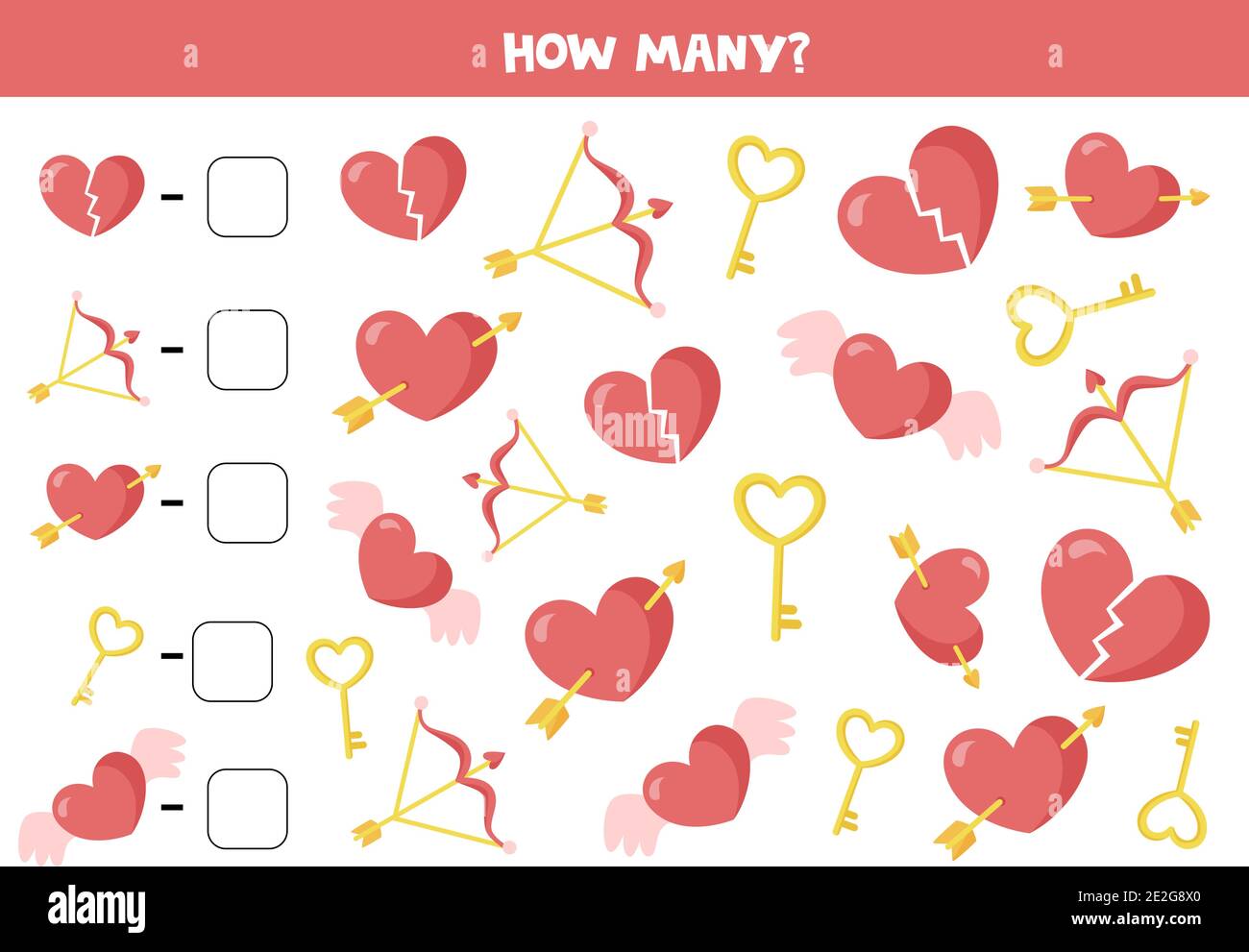 Count all valentine elements and write number into boxes. Math game for ...
