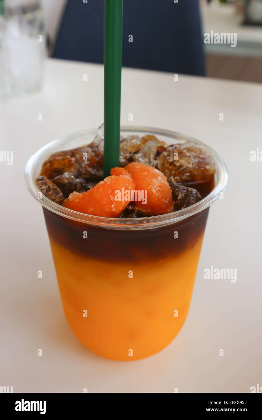 juice, orange juice and espresso with orange topping Stock Photo - Alamy
