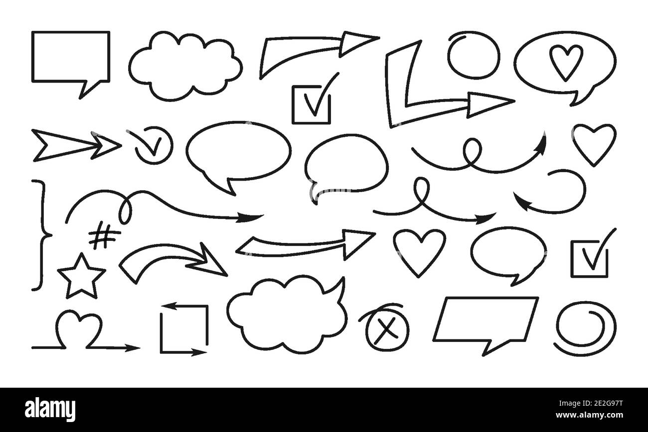 Arrow and speech bubble black line doodle set. Sign hand drawn ...