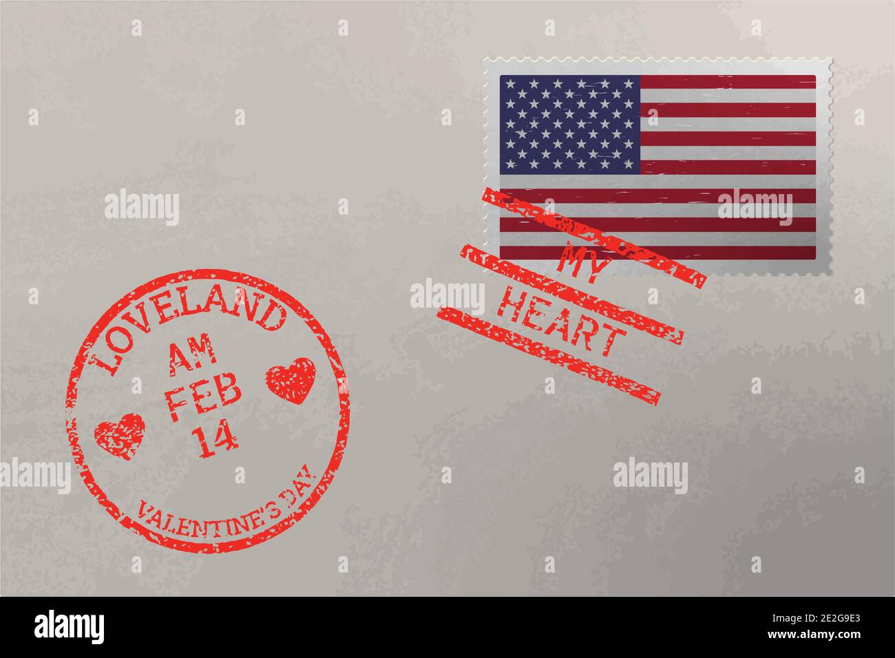Postage stamp envelope with USA flag and Valentine's Day stamps, vector ...