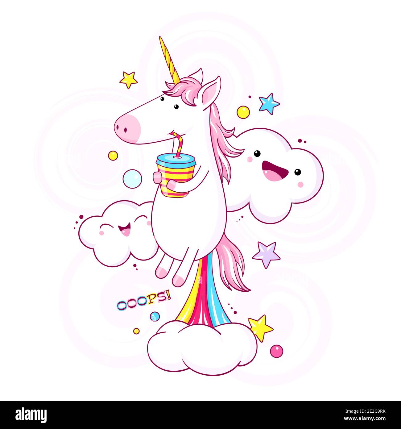 Cute unicorn floating in the air and farting with rainbow and smoke ...