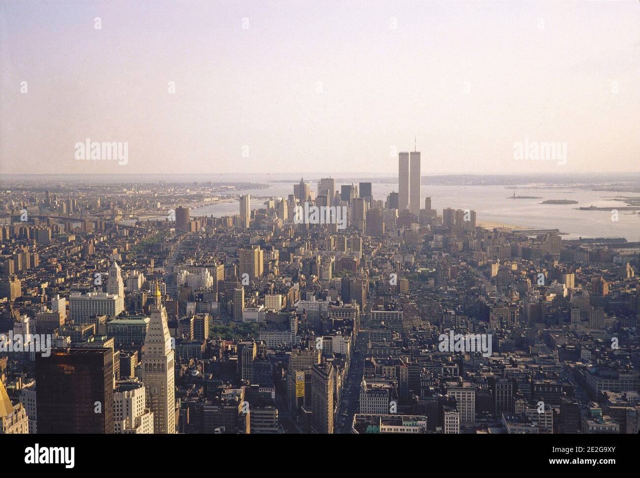 United States, New York: overview of Manhattan and the towers of the ...