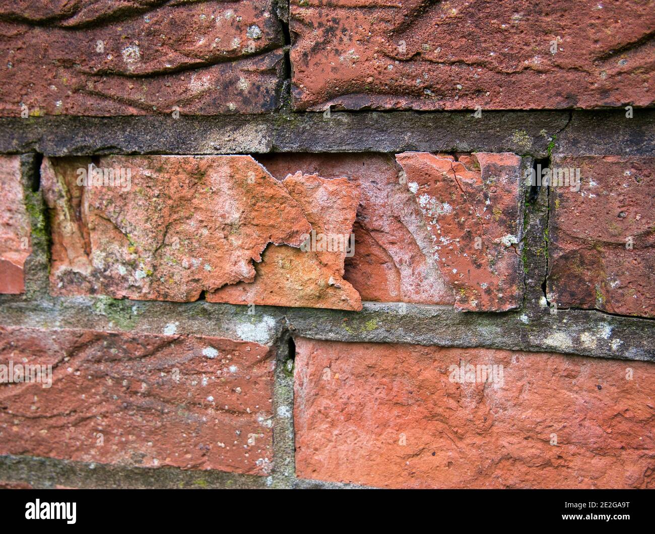 Domestic brickwork showing facing loss and damage due to water ingress ...