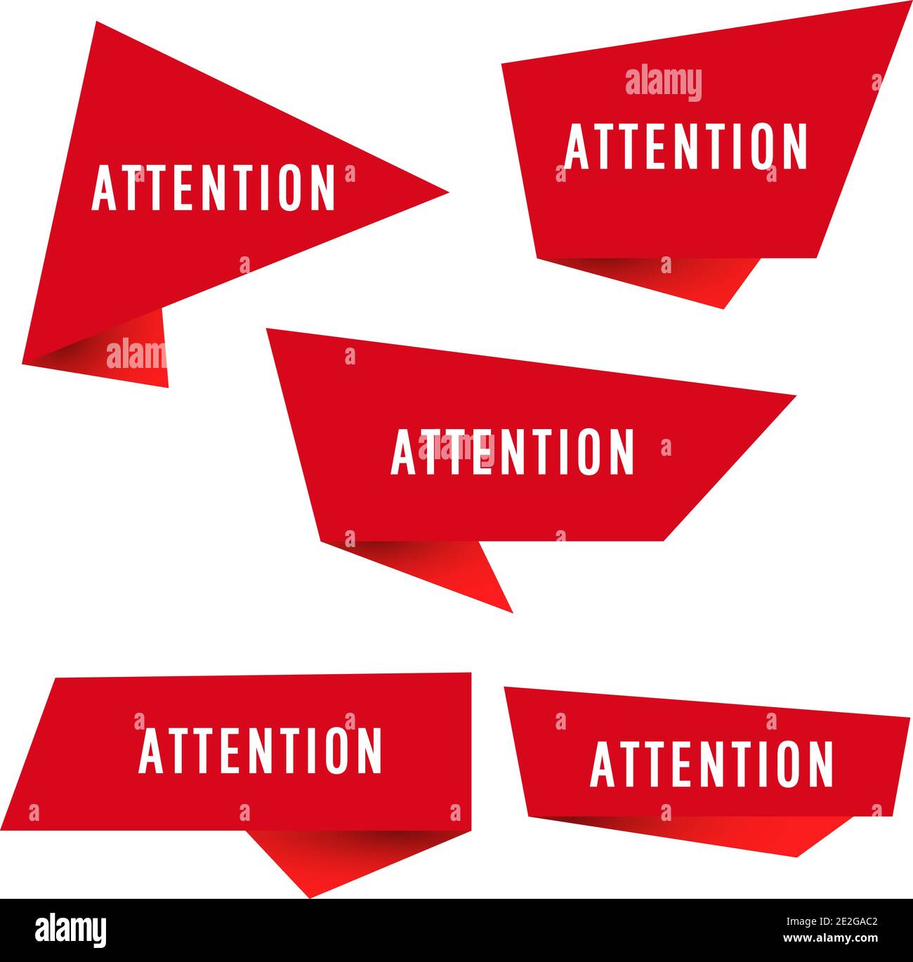 Set of red color origami geometrical stickers template with attention ...