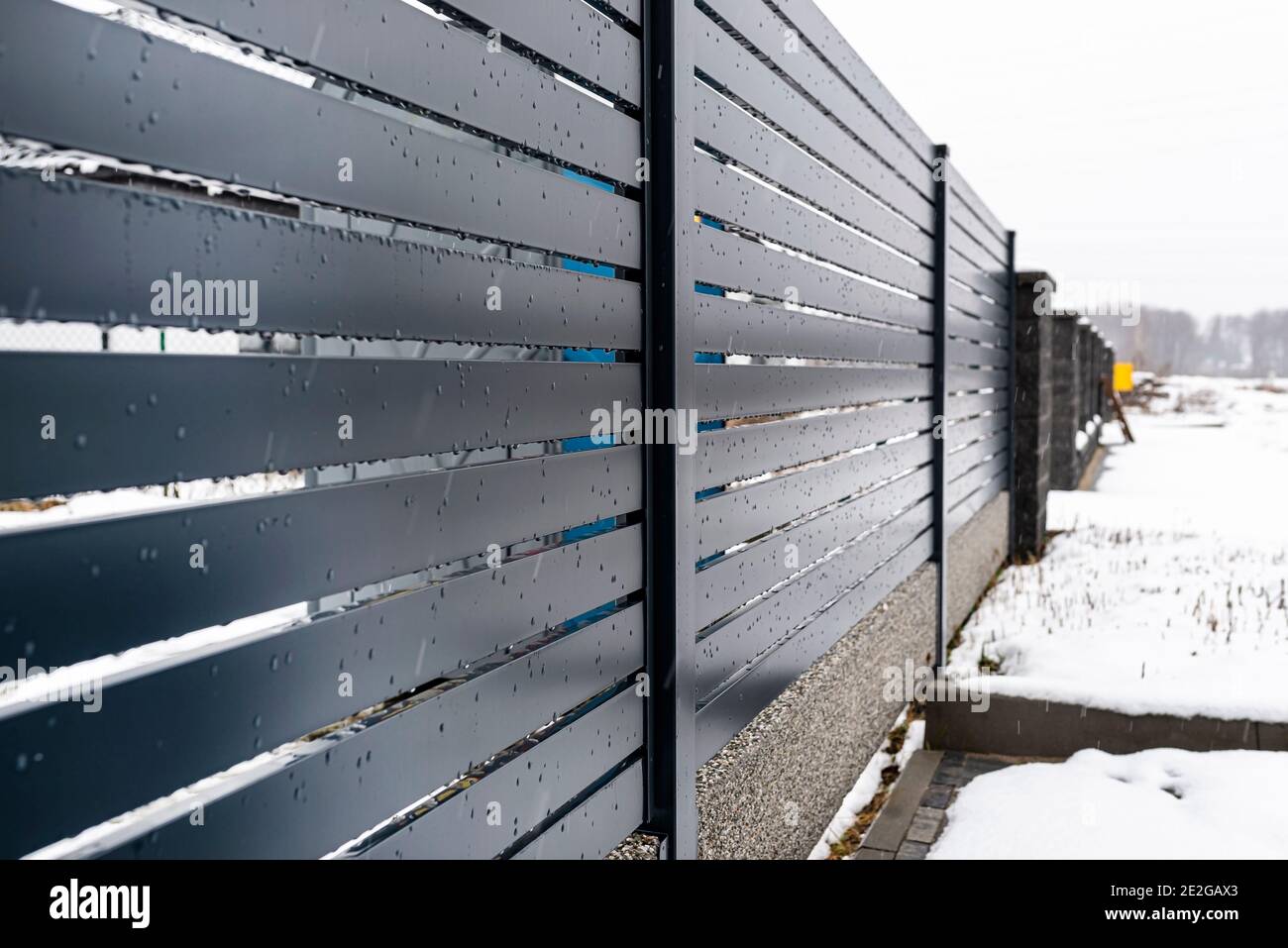 Modern anthracite panel fencing, with a visible fence foundation ...