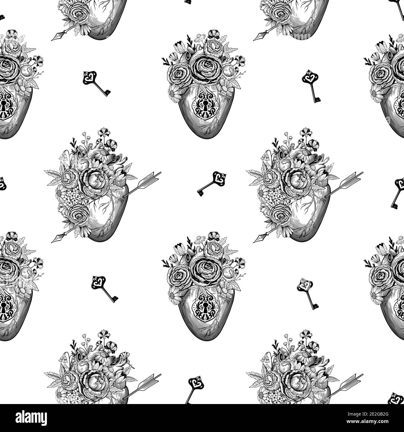 Romantic seamless pattern with pierced heart, flowers and retro keys ...