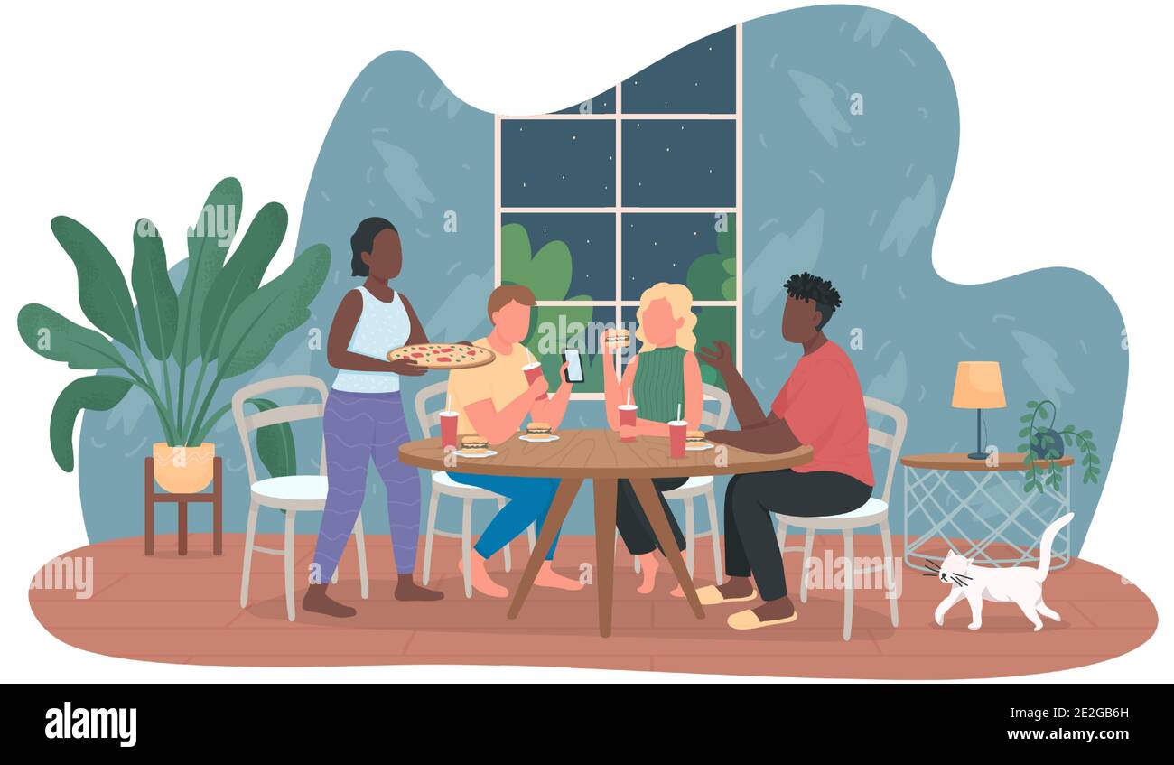 Friends at home eat pizza 2D vector web banner, poster Stock Vector ...