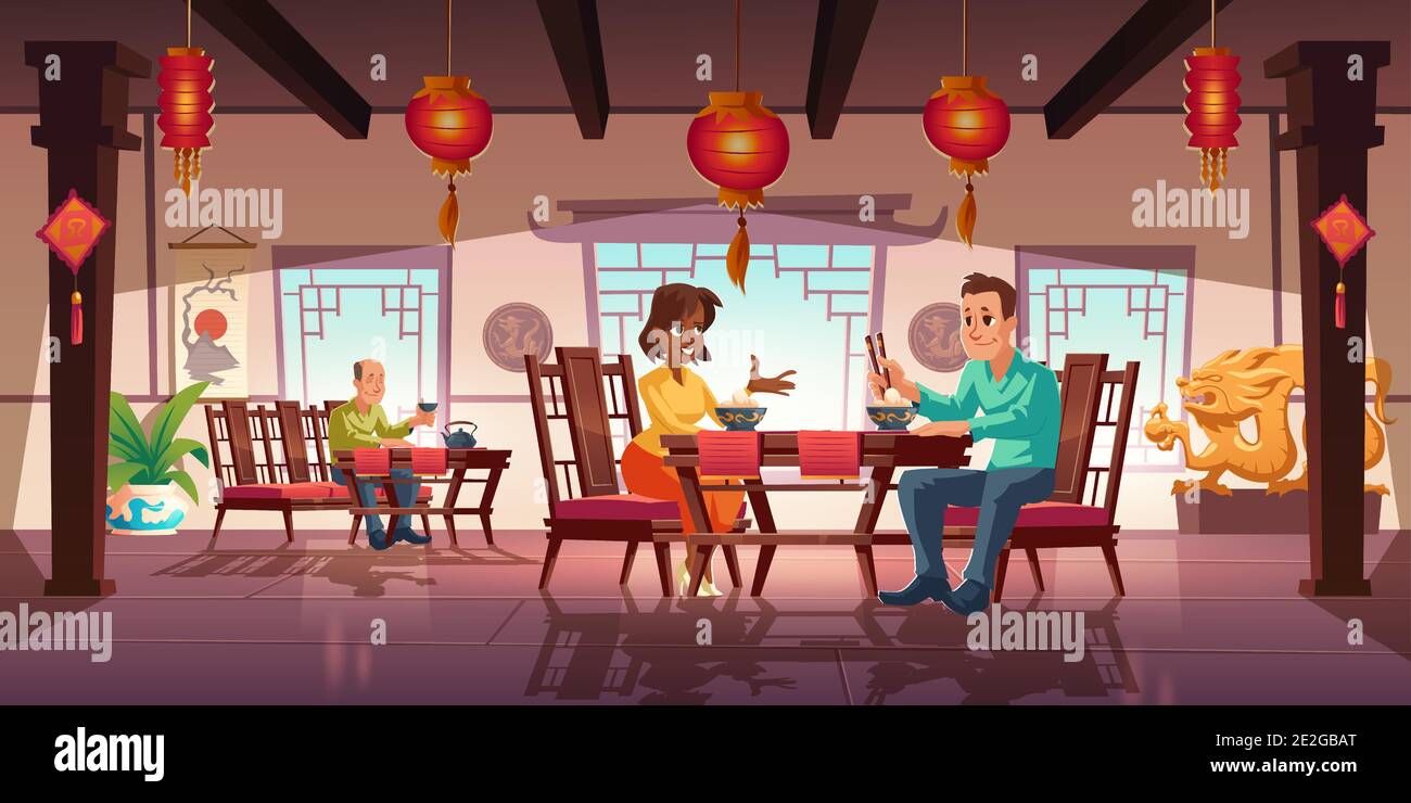 People dining in asian restaurant, men and women eating noodles and ...