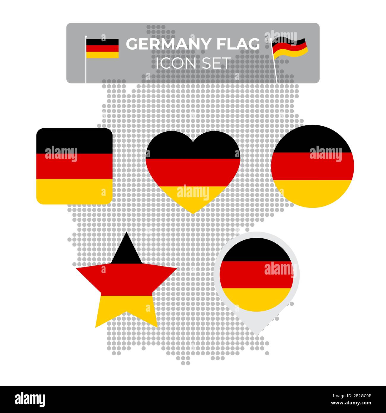 Germany flag icons set in the shape of square, heart, circle, stars and pointer, map marker ...