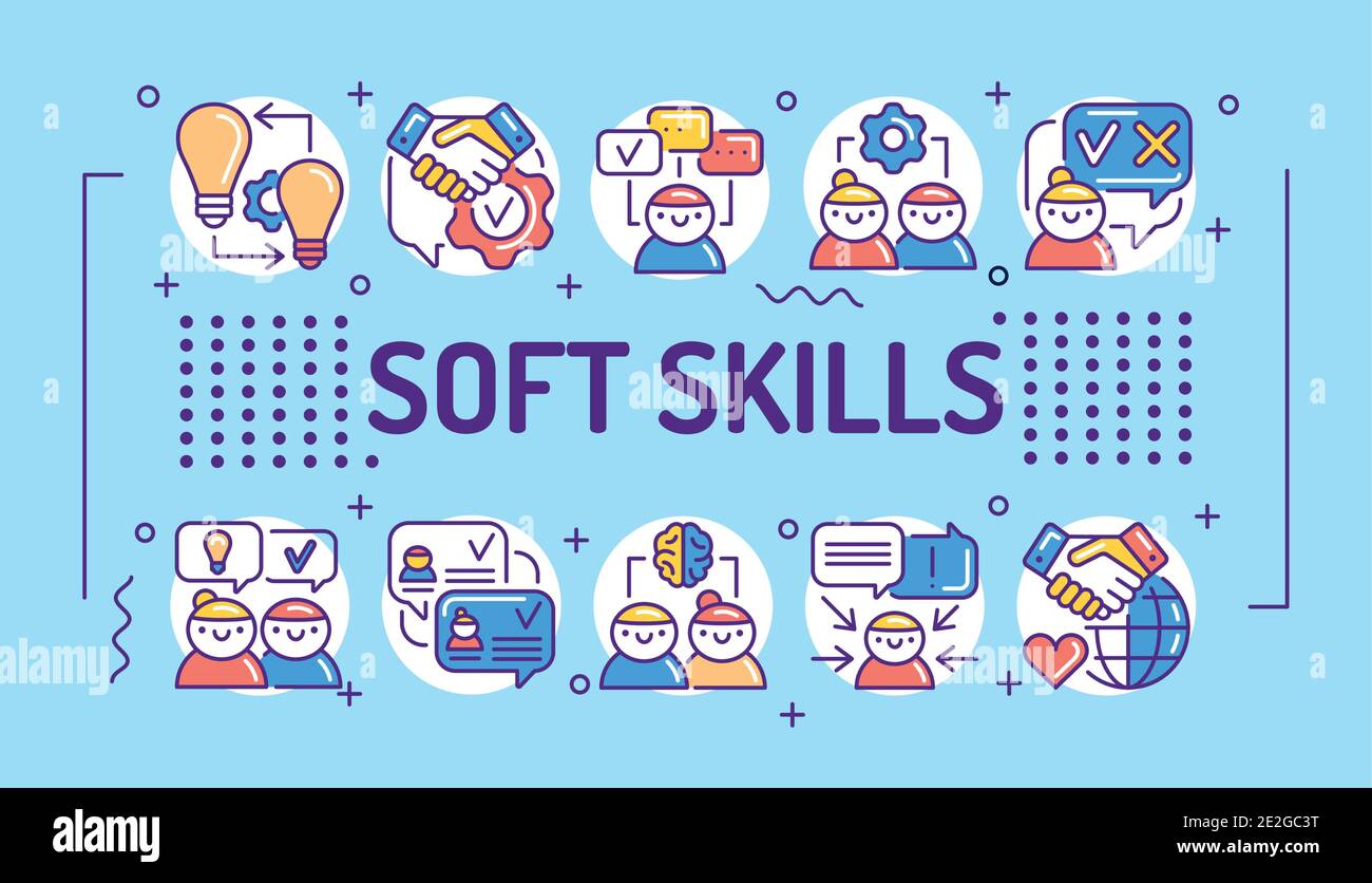 Soft skills word lettering typography. Infographics with linear icons ...