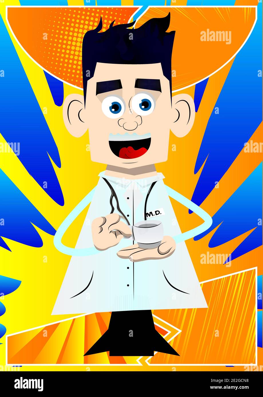 Funny cartoon doctor holding a cup of coffee. Vector illustration ...