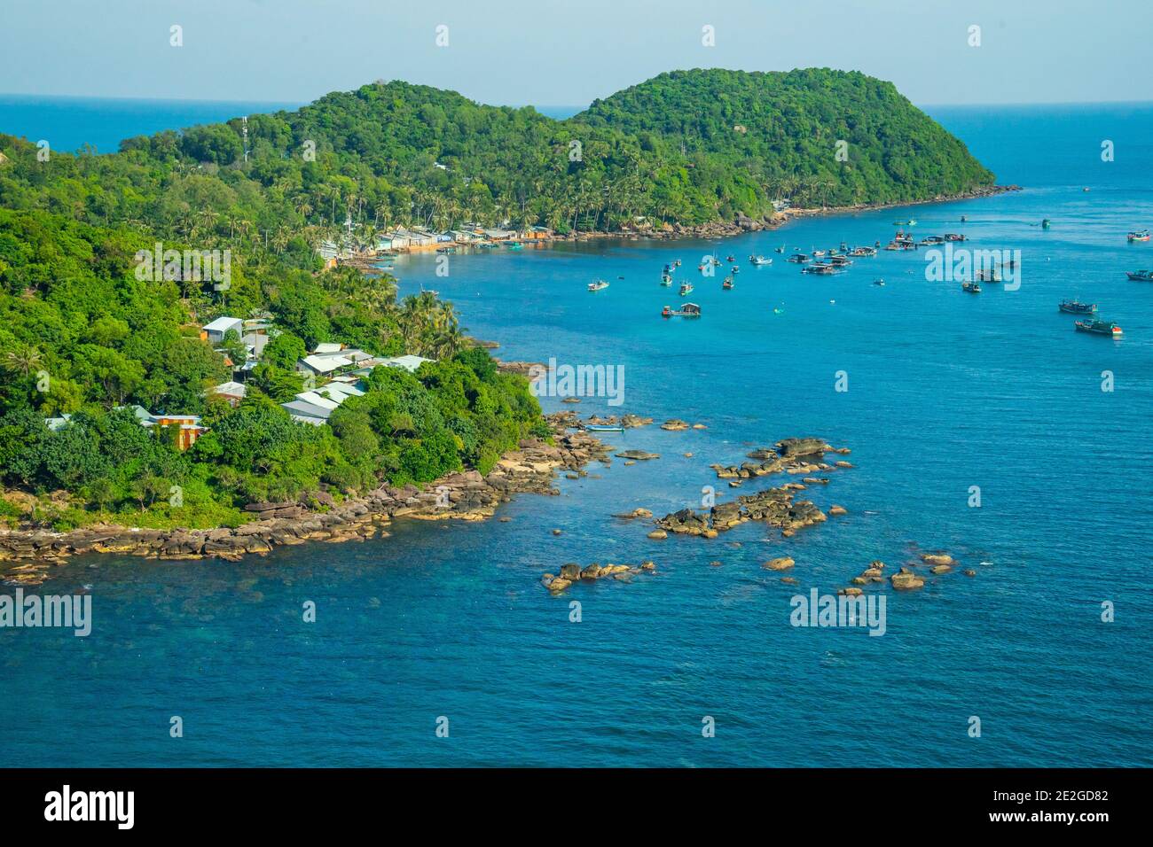 Aerial view of traditional fishermen boats lined in An Thoi harbor of ...