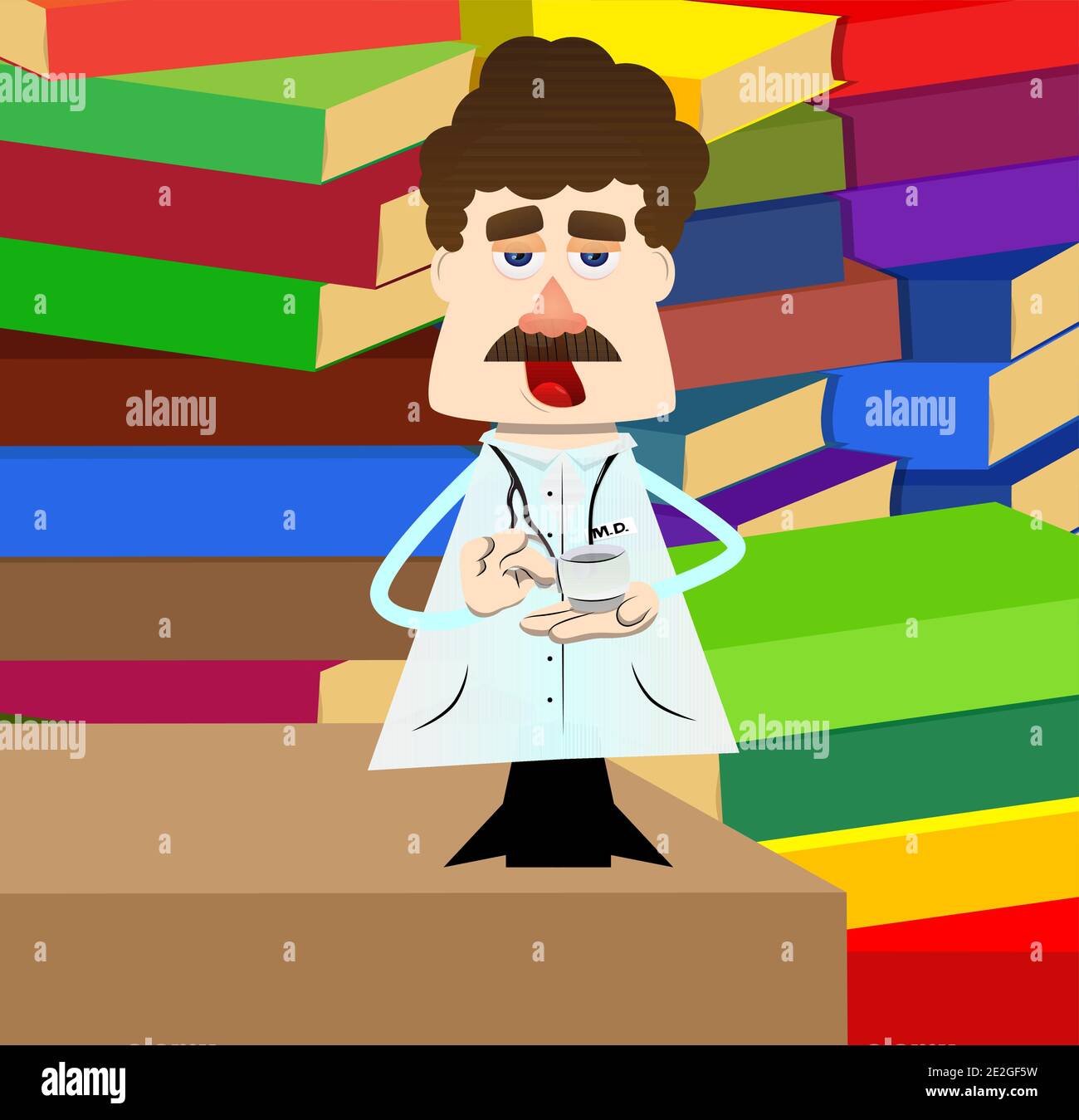 Funny cartoon doctor holding a cup of coffee. Vector illustration ...