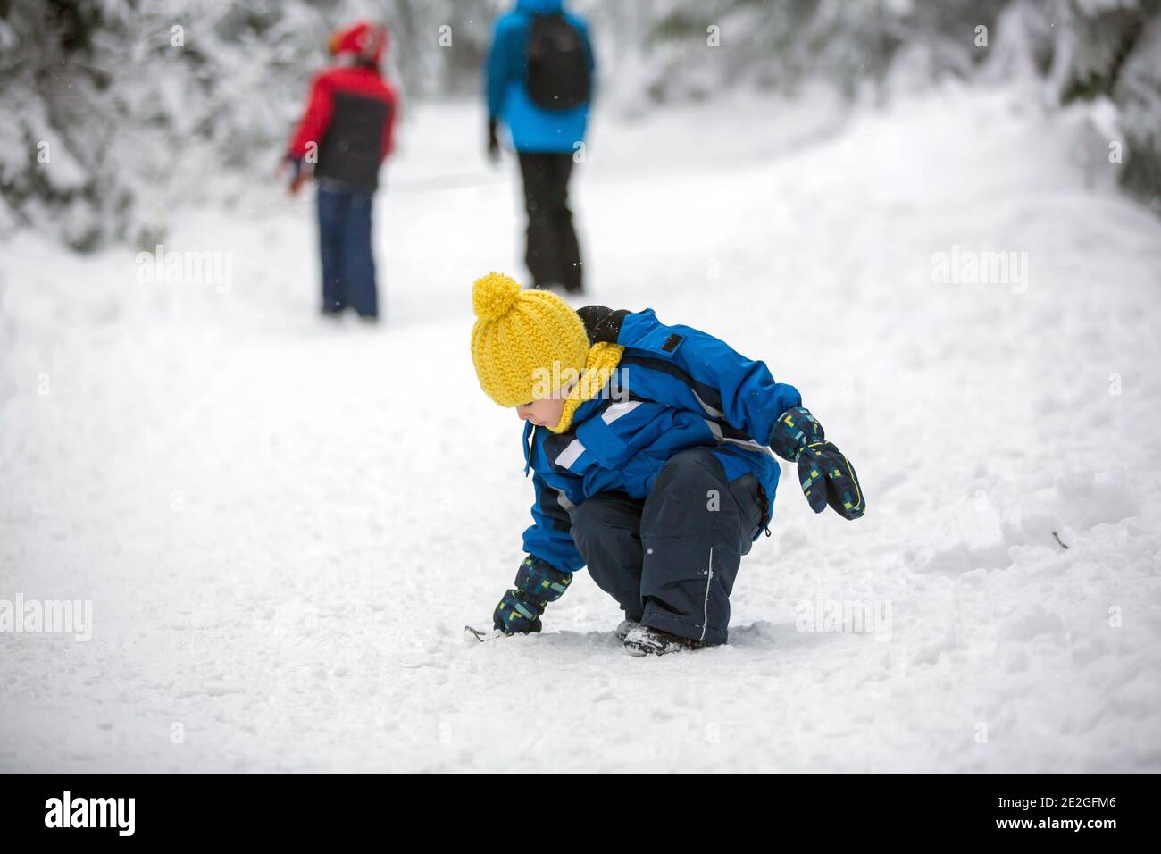 Sweet happy children, brothers, playing in deep snow in forest, frosted ...