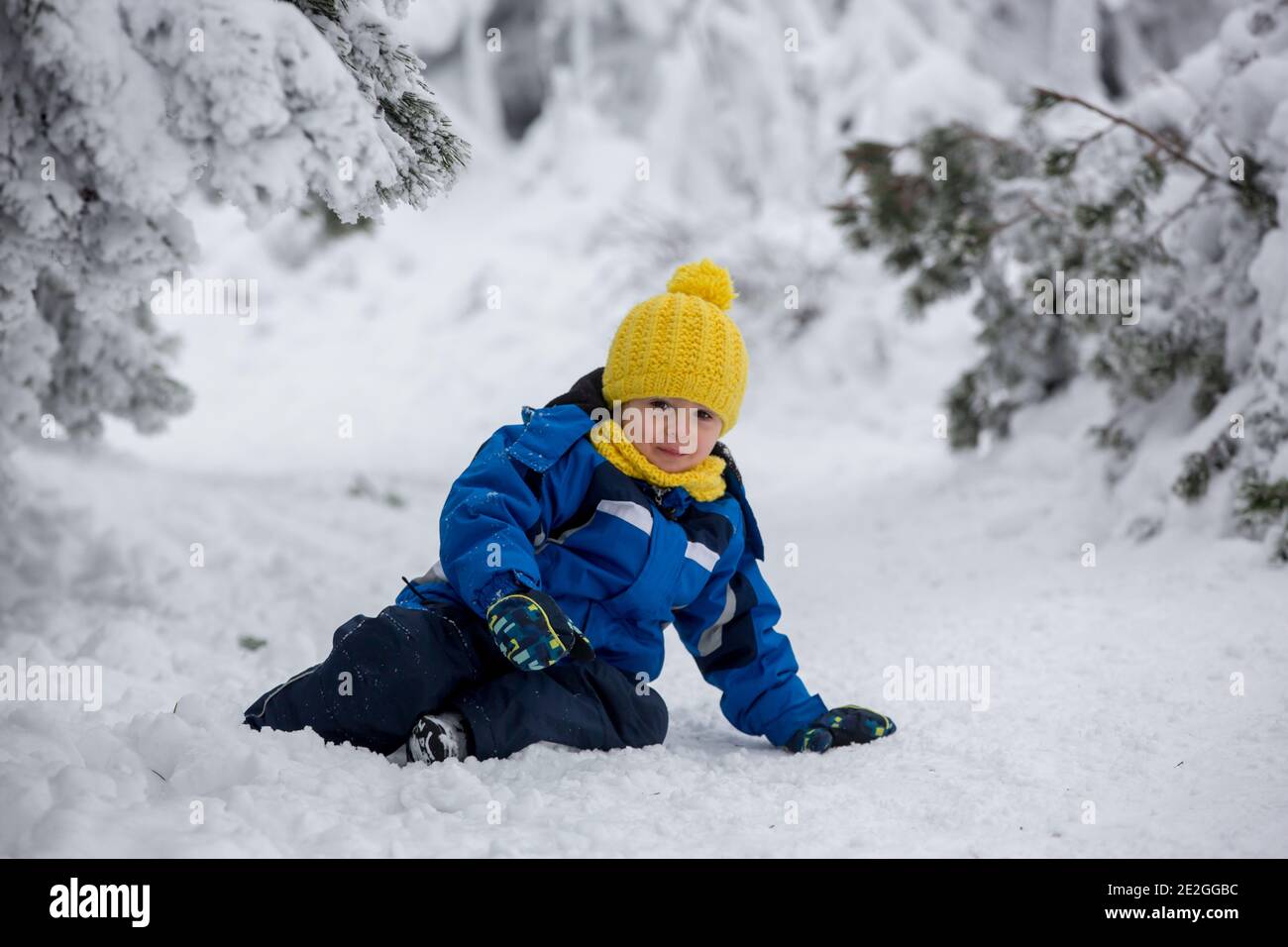 Sweet happy child, playing in deep snow in forest Stock Photo - Alamy