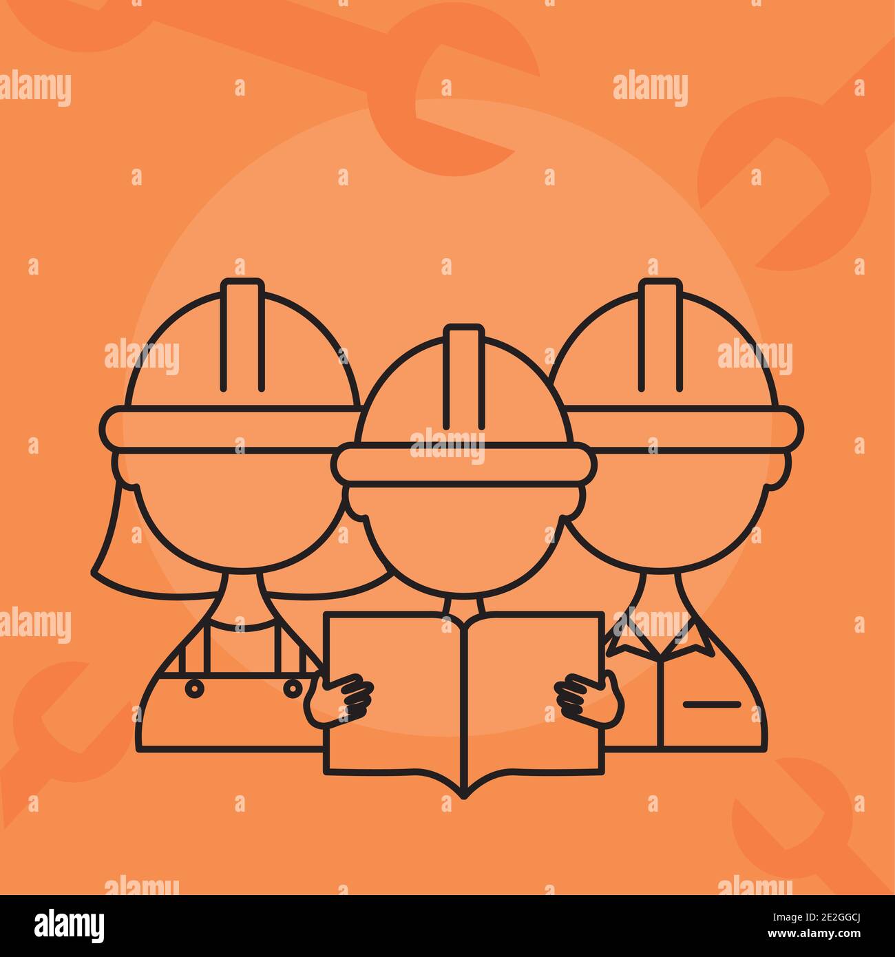 construction workers design over orange background, line style, vector ...