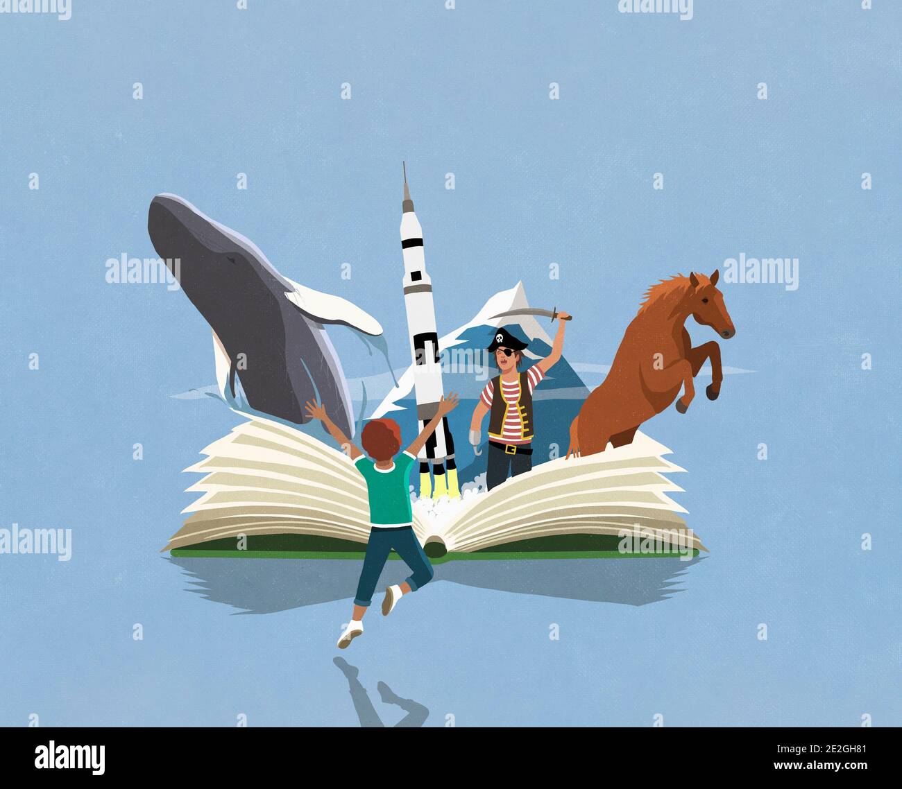 Imaginative boy and girl reading adventure book Stock Photo - Alamy