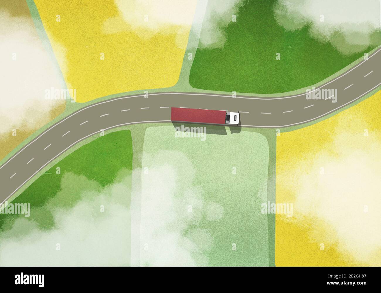 Aerial view commercial truck driving through farm fields Stock Photo ...