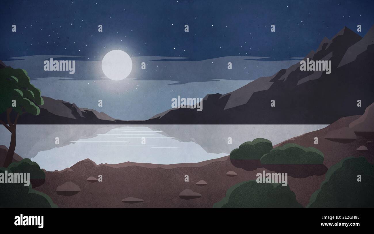 Bright full moon over tranquil remote mountain lake Stock Photo - Alamy