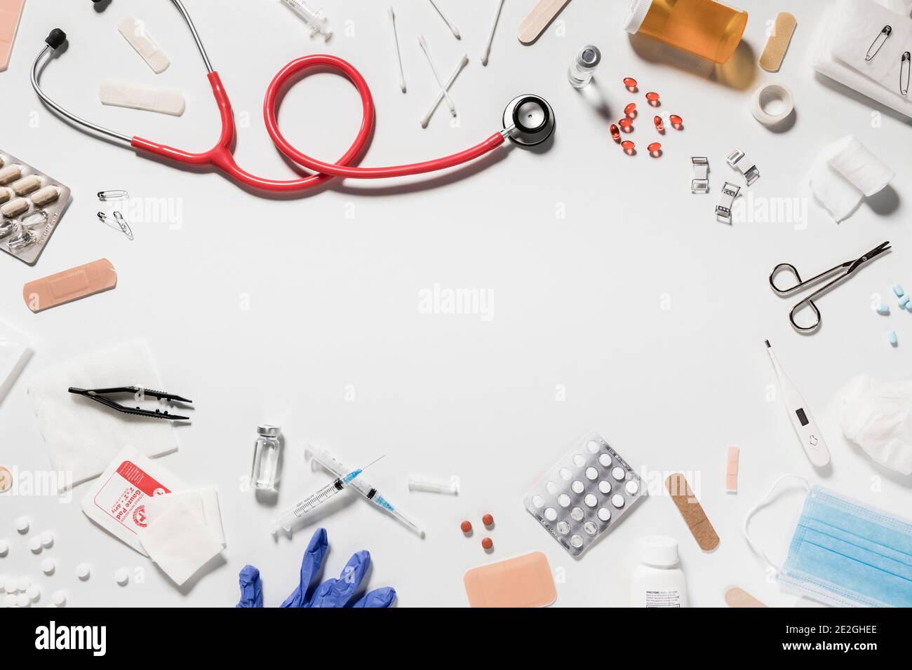 Variety of medical supplies on white background Stock Photo - Alamy