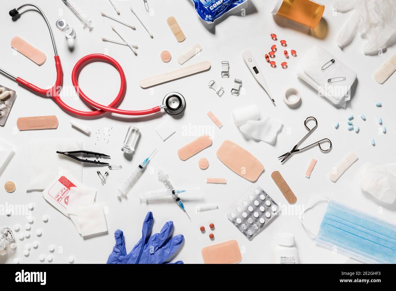 Variety of medical supplies on white background Stock Photo - Alamy